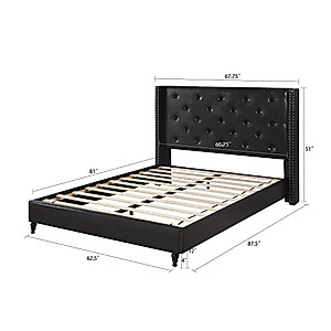 King Upholstered Platform Bed Frame with 51" Tall Headboard - Button Tufted Leather Bed - Wood Slat Support with Storage Space - No Box Spring Needed - Easy Assembly - Black - Oliver & Smith Astor