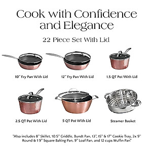 OrGREENiC Luxurious Non-Stick Ceramic 22 Piece Rose Gold Cookware Set with Glass Lids, Lightweight, Scratch-Resistant, Dishwasher Safe, Oven Safe up to 500°F, Suitable for All Stove Types