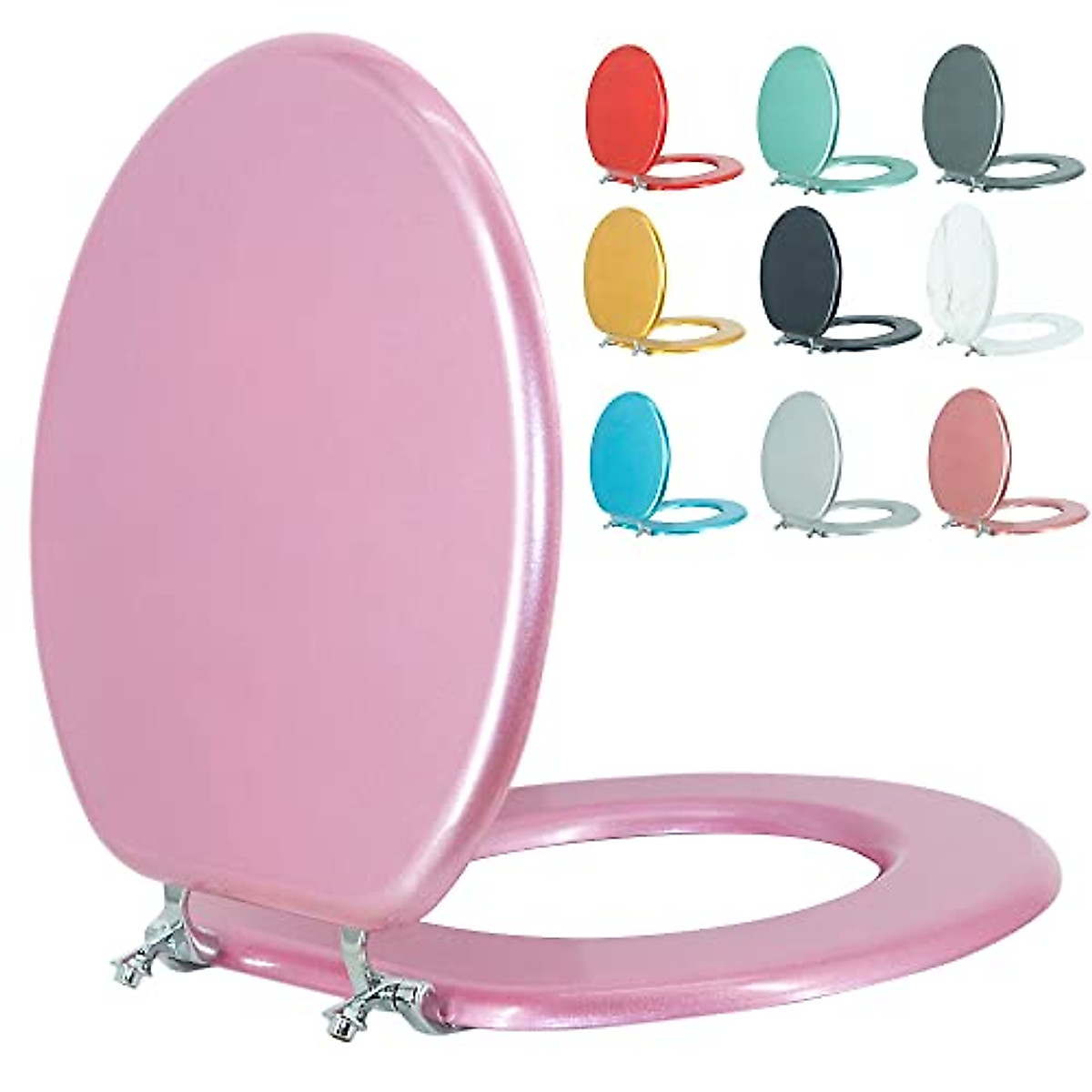 BLOFDE Round Toilet Seat Wood Toilet Seat Prevent Shifting with Zinc Alloy Hinges American Standard Size Toilet Seat Easy to Install also Easy to Clean (Round,Pink)