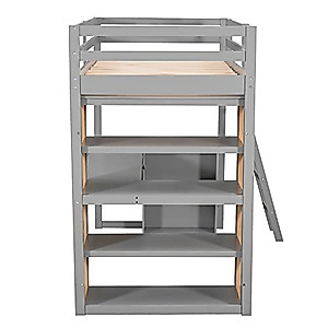 Harper & Bright Designs Loft Bed with Desk and Drawer, Wood Twin Desk,Shelves Cabinet Underneath, High Storage for Kids, Boys,Girls,Teens (Grey), Twin(Desk+Shelves+Ladder)