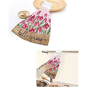 1 Pcs Hanging Towel Pink Tulip Farm Hello Spring Hand Towels Dish Towel for Kitchen Bathroom Absorbent Tie Towels Tea Bar Towels with Loop
