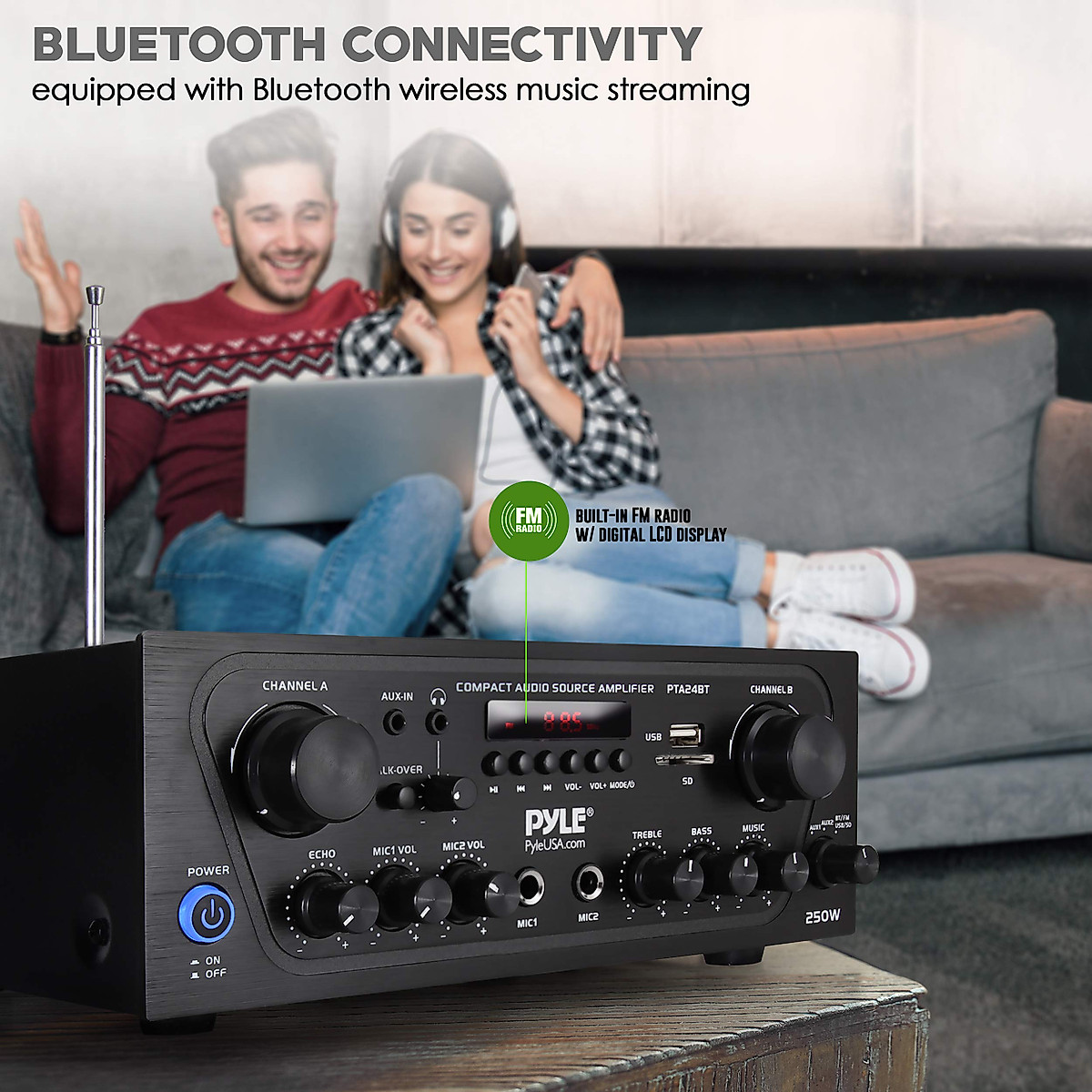 Pyle -Upgraded- 2 Channel Karaoke Home Audio Amplifier w/Bluetooth for Streaming, AUX-in, USB, 2 Microphone Input w/Echo Effect, Talkover for PA, Compact Footprint, Black
