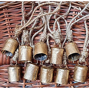 HIGHBIX 4cm Small Vintage Rustic Lucky Tin Metal Cow Bells Handmade Christmas Décor Bells on Jute Rope (10, Cylinder)