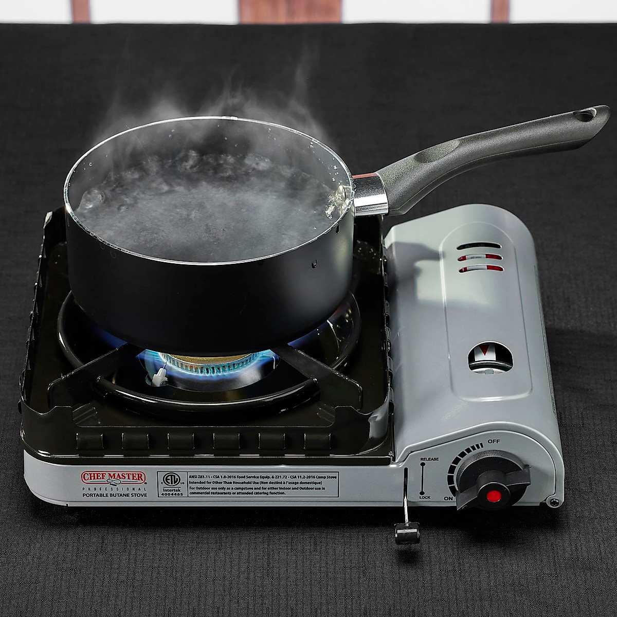 Chef Master 90019 Portable Butane Stove | 15,000 BTU Single Burner Gas Stove | Camping and Backpacking Essentials | Piezo Click Ignition | Double Wind Guard Burner | Hard Carrying Case
