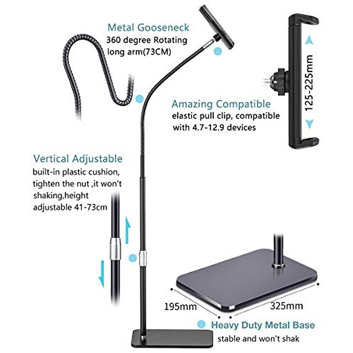iHOMX Gooseneck Tablet Floor Stand, 360 Degree Rotating Long Arm & Vertical Adjustable Tablet Stand Holder for 4"-12.9" Device, Cell Phone,iPad,Nintendo,eBook Reader (Vertical-Black)