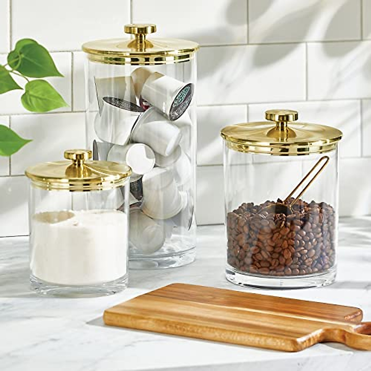 mDesign Airtight Apothecary Storage Organizer Canister Jars - Acrylic Containers for Kitchen, Organization Holder for Pantry, Counter, and Cupboards, Lumiere Collection, Set of 3, Clear/Soft Brass