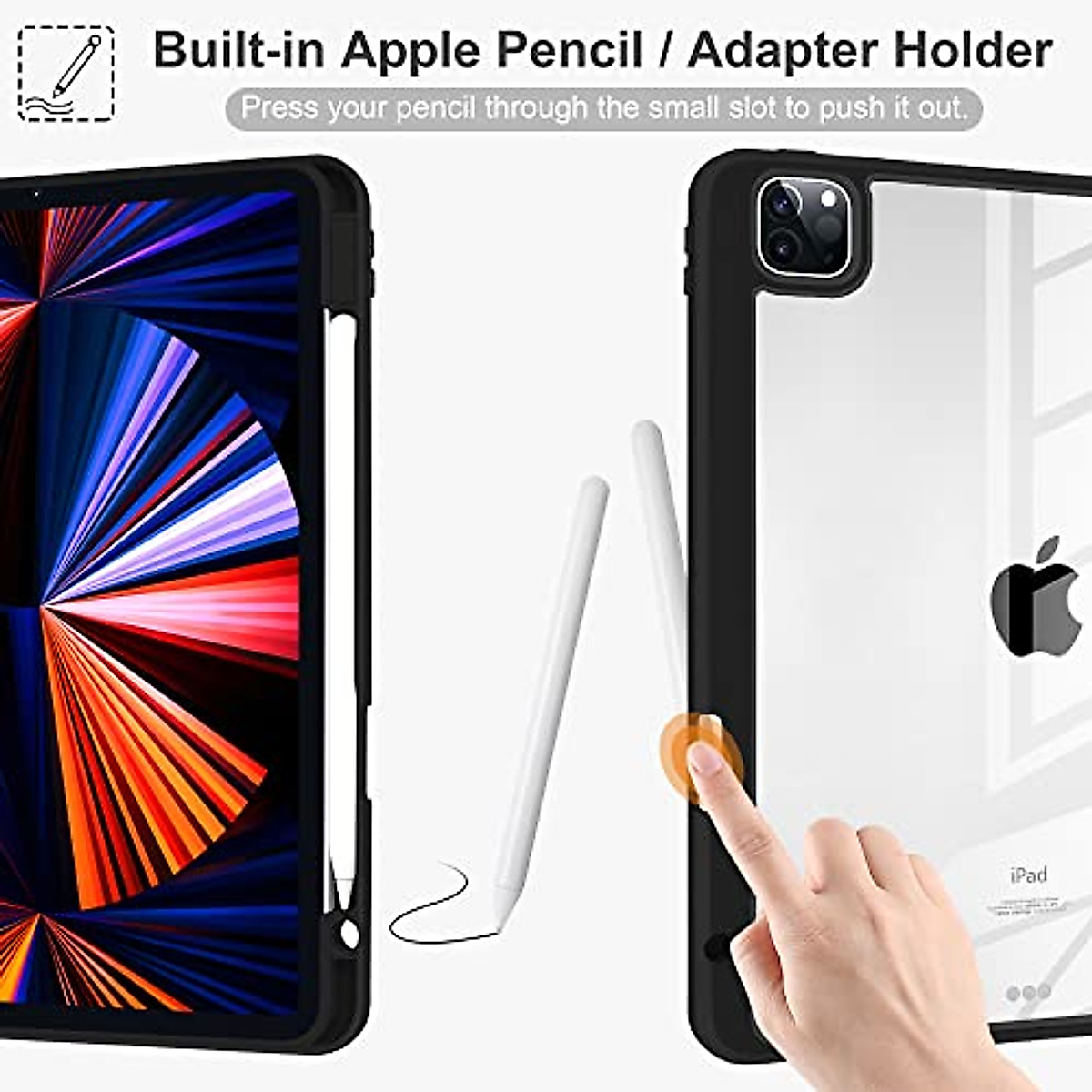 MEEgoodo Case for iPad Pro 12.9 Case M2 6th/5th/4th/3rd Generation 2022 2021 2020 2018, Tablet Cases with Clear Transparent Acrylic Back Shell, Black & White Piebald
