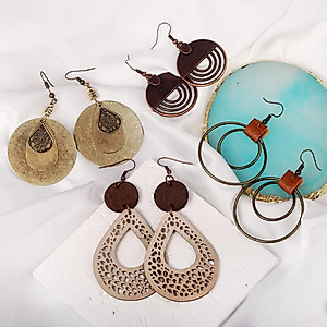 9 Pairs Boho Vintage Wooden Round Geometric Leather Earrings Retro Hollow Out Circle Earrings Big Lightweight Statement Jewelry Suitable for Women