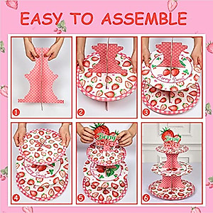 Strawberry Cupcake Stand - Berry Sweet Birthday Party Decorations, 3 Tier Round Strawberry Themed Dessert Tower Stand, Cupcake Holder Stand for Sweet One Birthday Party Decorations