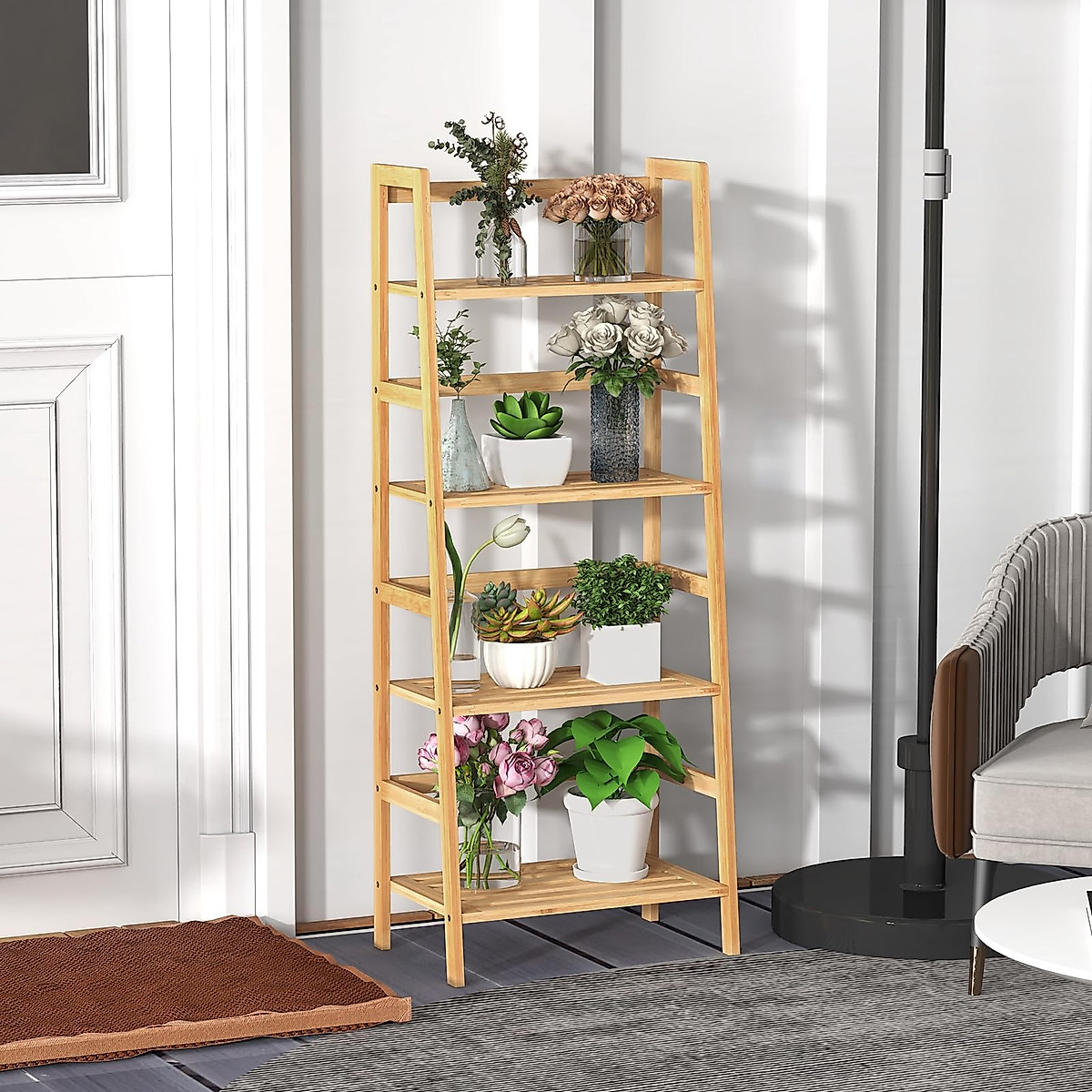 HAPPYGRILL 4 Tier Bamboo Bookshelf, Freestanding Open Bookcase Book Shelf Multifunctional Plant Flower Display Stand, Ladder Shelf for Bedroom, Living Room, Home Office,Small Space
