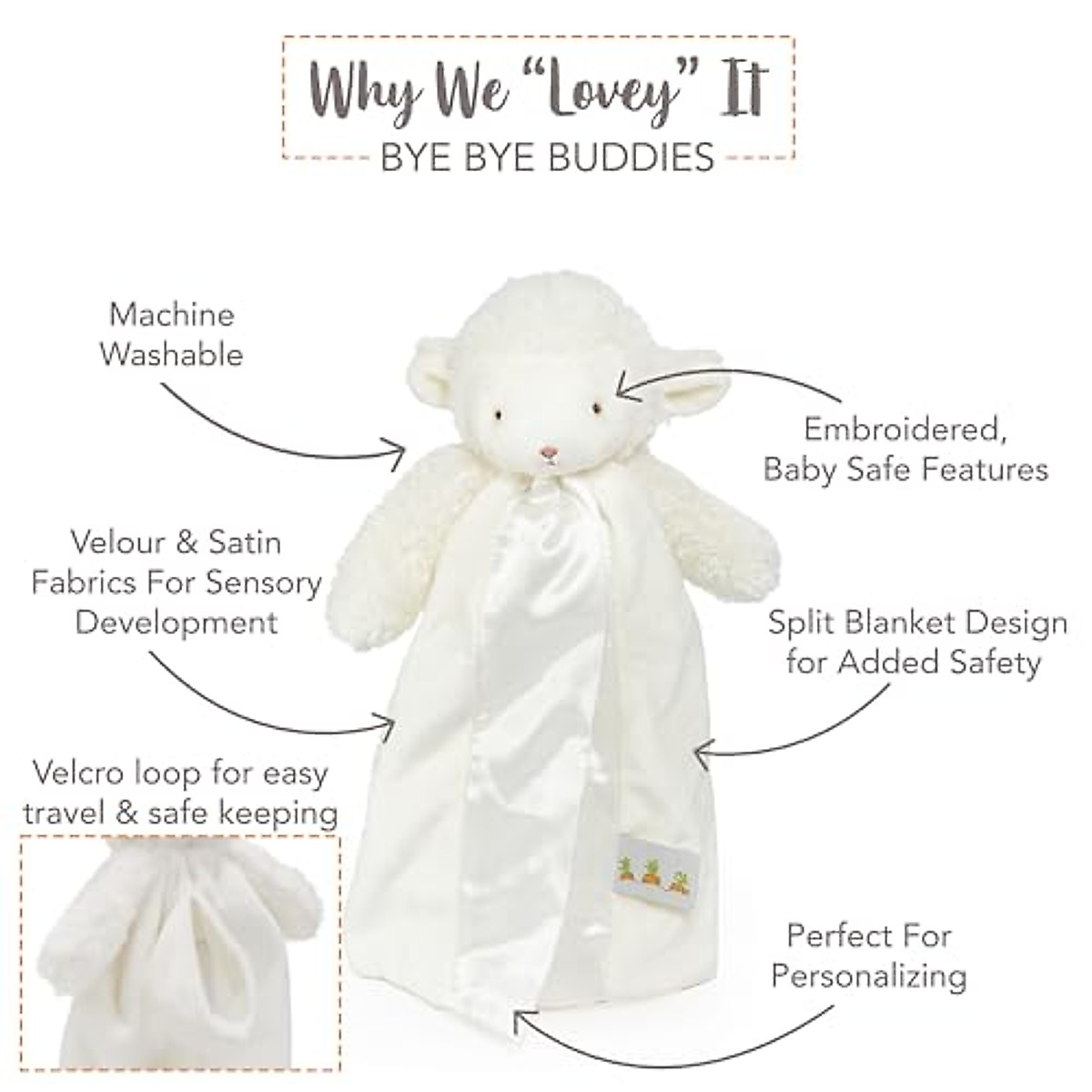 Bunnies By The Bay "Kiddo The Lamb" - Bye Bye Buddy Travel Size Baby Lovey - 11 inch Stuffed Rabbit and Baby Blanket - Super Soft Velour with Satin Lining