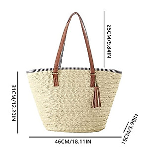 Simple Shoulder Woven Bag Fashion Tassel Pendant Straw Bag Beach Women's Bag Bamboo Basket Tote Bag Travel Soft Bags (Color : Beige)
