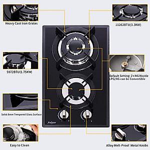 Anlyter 12 Inch Gas Cooktop, 2 Burners Built-in Gas Stovetop Tempered Glass Gas Stove Top LPG/NG Convertible Dual Fuel Sealed Gas Hob - Black