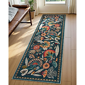 Zealude Egypt Floral Green Kitchen Runner Rug, 2'6''x8' Washable Boho Hallway Bathroom Rug Runner, Non Slip Botanical Vintage Throw Carpet Runner for Living Laundry Room Entry (Dark Green,2'6''x8')