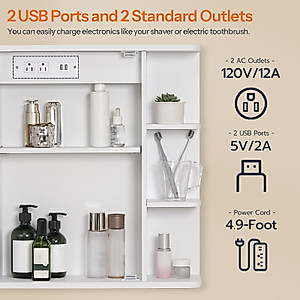 HOOBRO Bathroom Medicine Cabinet with Mirror, Wall-Mounted Cabinet with Storage, Lighted Medicine Cabinet with LED Lights, Charging Station, Adjustable Shelf, 5 Open Shelves, White