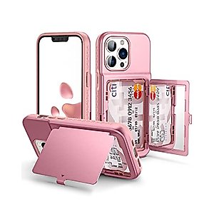 WeLoveCase for iPhone 13 Pro Wallet Case for Women with Credit Card Holder & Hidden Mirror, Two Layer Shockproof Heavy Duty Protection Cover Protective Case for iPhone 13 Pro - 6.1 Inch Rose Gold
