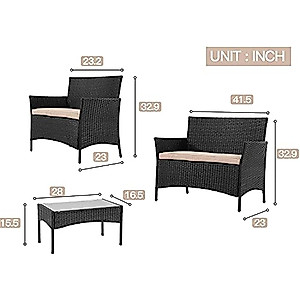 FDW Patio Furniture 4 Pieces Outdoor Indoor Use Rattan Chairs Wicker Patio Loveseats Conversation Sets with Table and Beige Cushions for Backyard Lawn Porch Garden Balcony,Black