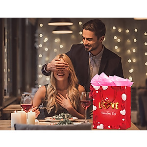 WhatSign Valentine Gift Bags Happy Valentines Day Gift Bags with Handles 11.5" Valentine's Paper Gifts Bags with Tissue Paper Valentines Gifts Bags for Her Him Girlfriend Boyfriend Wife Husband Women