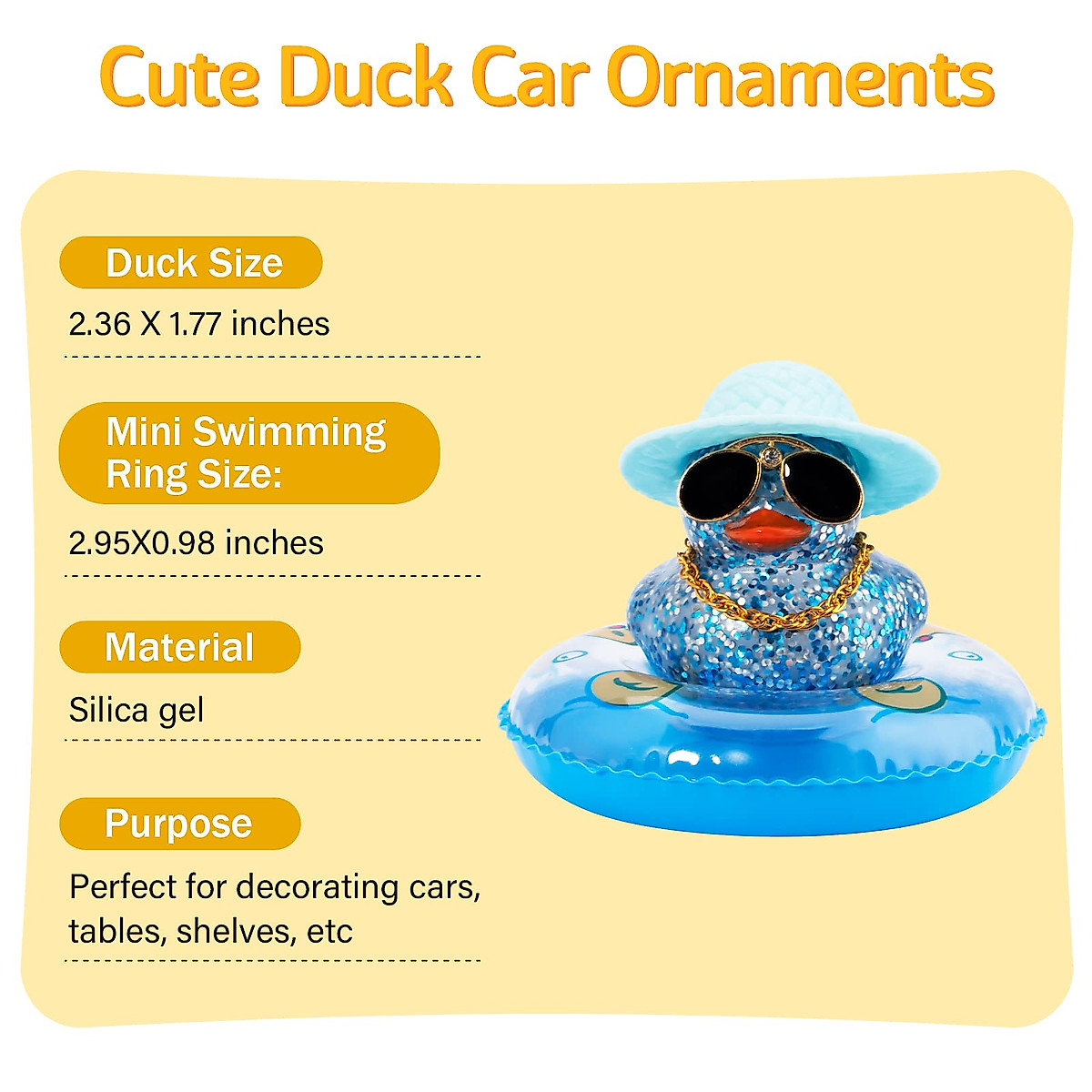 wonuu Car Duck Ornament Dashboard Decorations Rubber Duck Car for Car Dashboard Accessories with Swim Ring Sunglasses Hat and Necklace, B_Blue&Blue