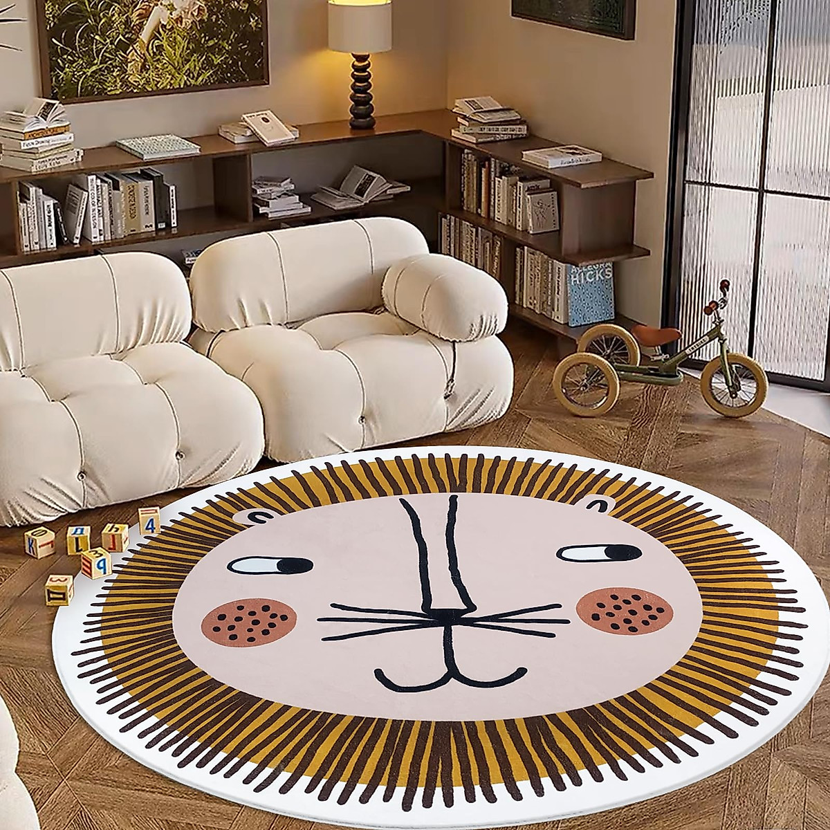 USTIDE Lion Rug Round Area Rug for Living Room 5.2 Ft Washable Nursery Rug for Playroom Yellow Circle Rug for Kids Room Non Slip Animal Carpet Soft Large Kids Rug for Classroom Dorm Kids Bedroom