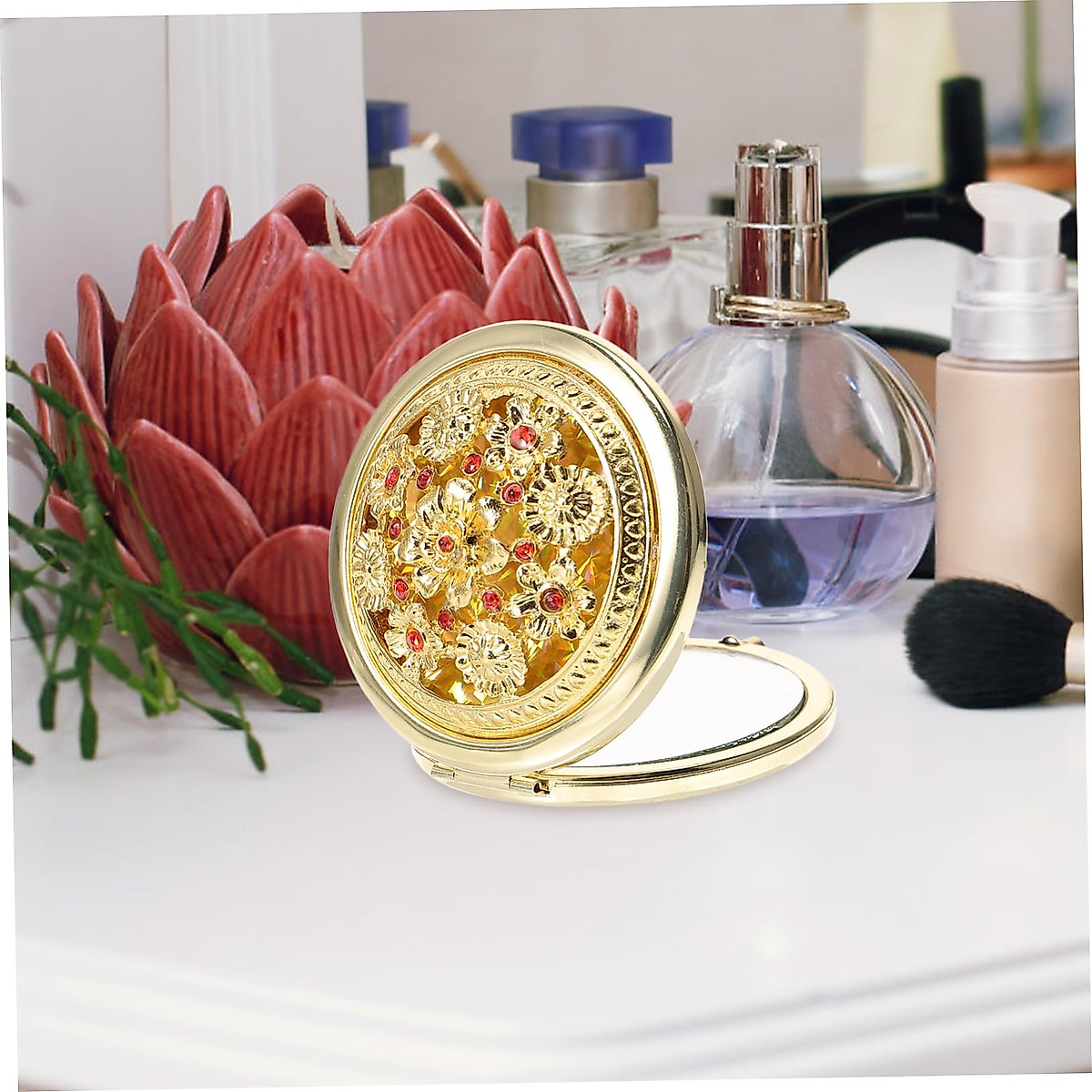 KOHARA 2pcs Hollow Makeup Mirror Wallet for Women Round Vanity Mirror Wallets for Woman Womens Purse Foldable Compact Mirror Mini Compact Mirror Small Makeup Mirror Cosmetic Mirror (Golden 7x7x18cm)