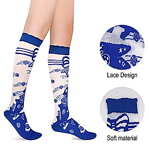 Benefeet Sox Womens Girls Cute Lace Knee High Socks Blue Sheer Mesh Knee High Stockings Transparent See Through Ultra Thin Silk Fancy Silly Cat Patterned Printed Long Stocking Socks, Blue Bow Cat