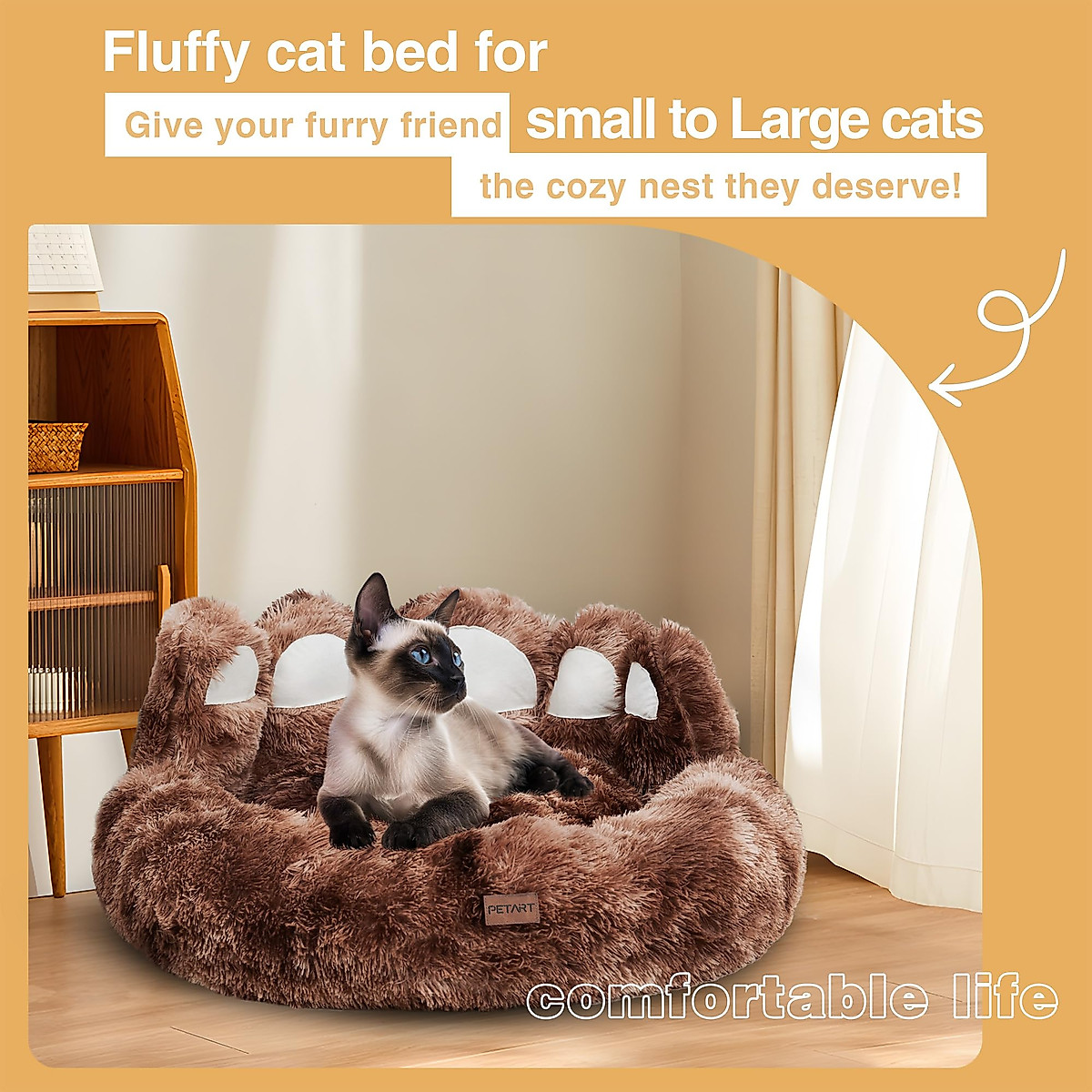 PETART Cute Dog Bed, Fluffy Cozy Bear Paw Shape Plush Round Cat Bed for Small, Medium Dogs & Large Cats,Comfortable Sleeping Puppy Cushion, Ideal for Indoor Use（Black&Coffee,18inch