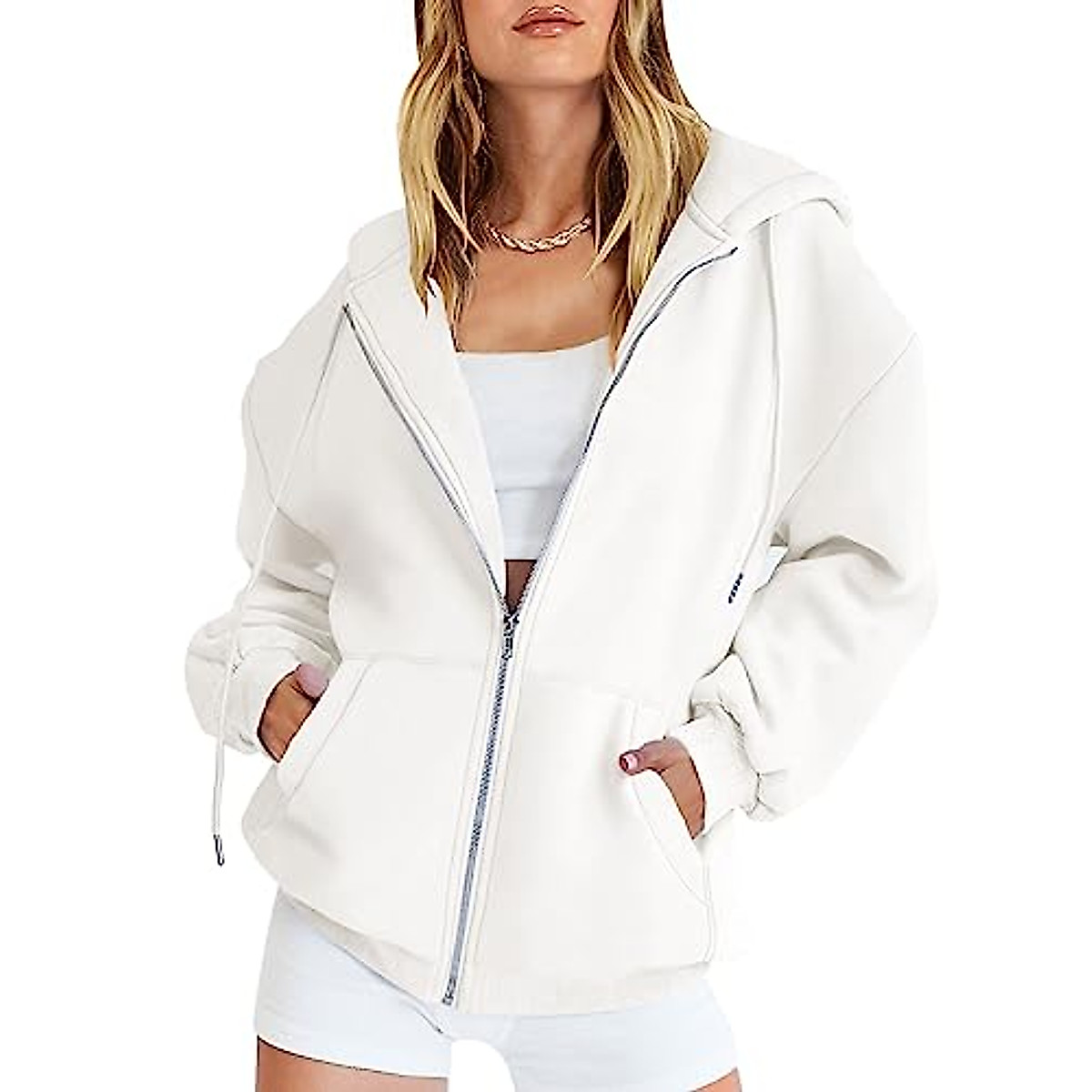 Caracilia Women's Hoodies 2023 Fall Jacket Solid Athletic Tops Casual Long Sleeve Fleece Oversized Sweatshirts Cute Teen Girl Zip Up Clothes Winter Loose Fit Warm Cute Sweater A989baise-M White