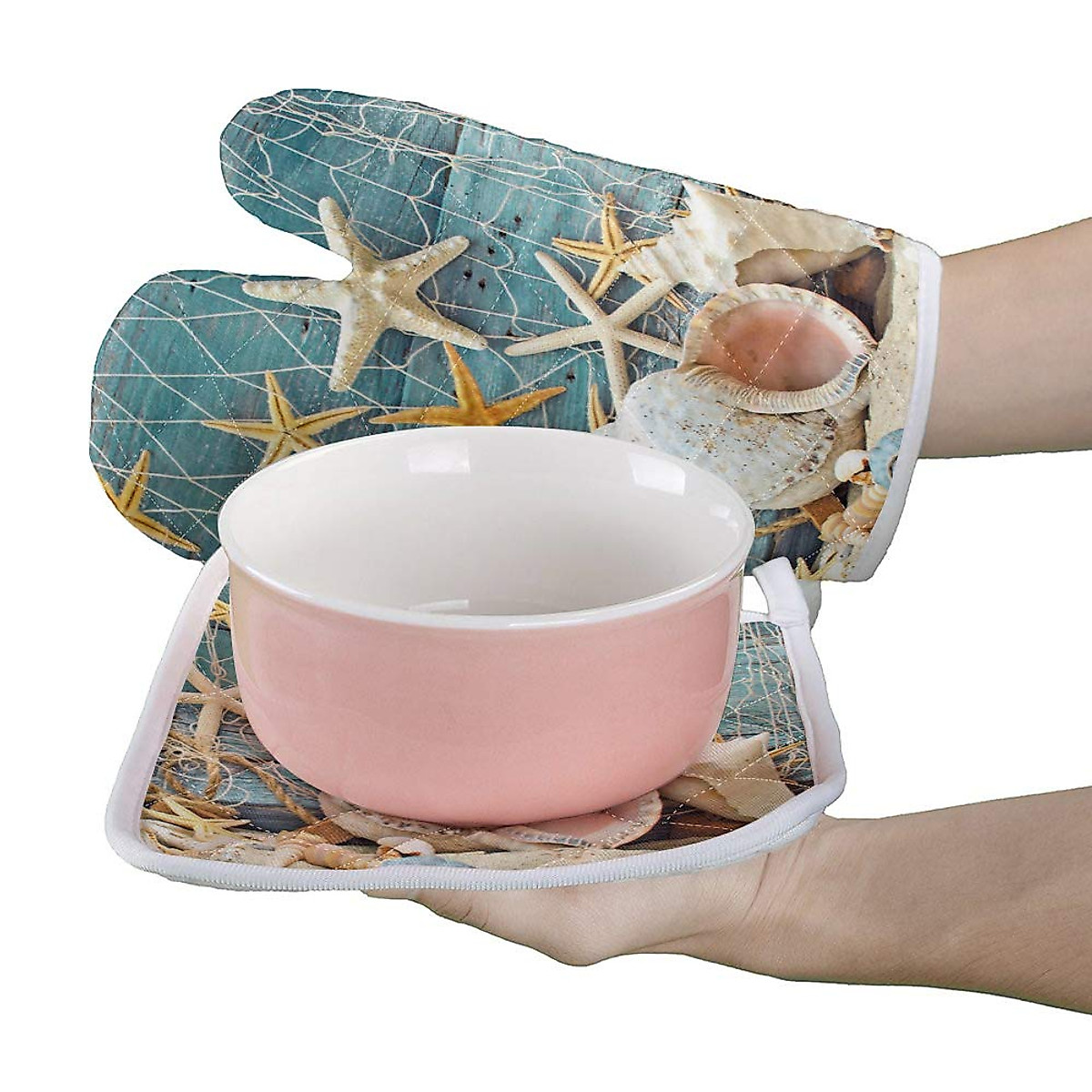 Set of Oven Mitt and Pot Holder, Beach Coastal Starfish Seashel Oven Gloves Heat Resistance Non-Slip Surface for Kitchen BBQ Cooking Baking Grilling, Blue Accent