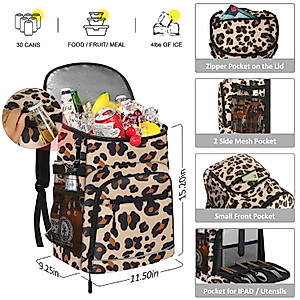 Cooler Backpack Insulated Leakproof Waterproof Backpack Cooler Bag 30 Cans, Large Capacity Lightweight Travel Camping Beach Drink Beverage Beer Bag Cooler Ice Chest for Men and Women, Leopard