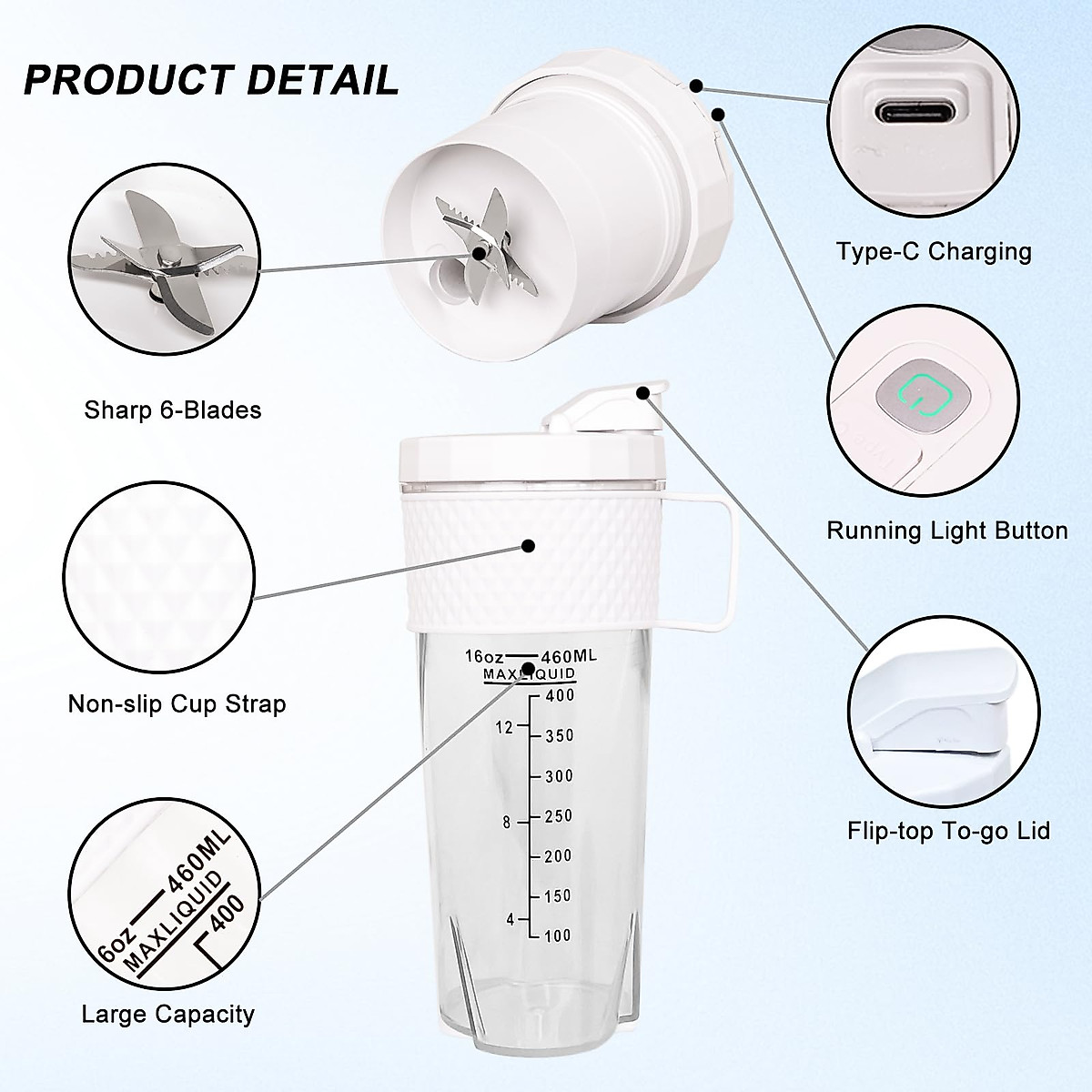 Portable Blender, Yidata Personal 16 Oz Rechargable Smooth Blender with Ultra-sharp Blades Handheld Blender for Travel, Office & Sports (White)