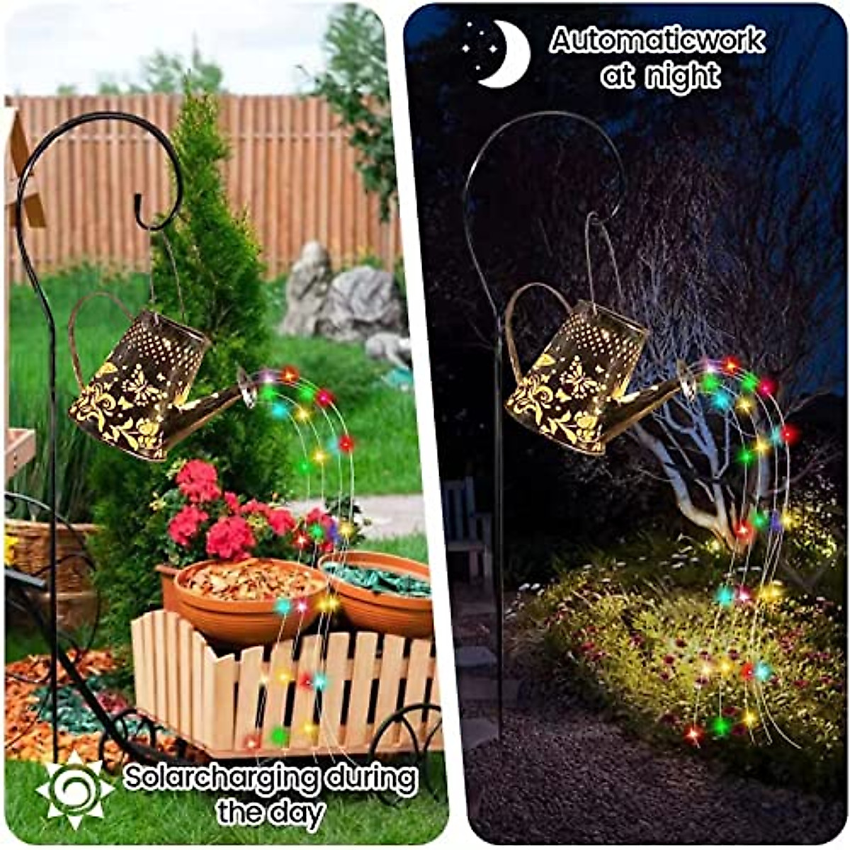 NA Watering Can Lights, Solar LED Lantern Outdoor Fairy Light Waterproof,Decorative Retro Metal Solar Shower Lights (with Bracket)