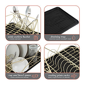 Kitchen Details Utensil Holder Tray Geode Deluxe Dish Drying Rack with Drain Board, Cutlery Basket, Iron Frame, Satin Gold