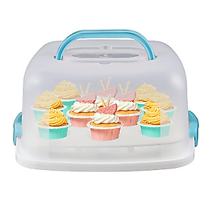 DIIRPPR 2 in1 Square Cupcake Carrier and Cake Keeper with Lid, Christmas Party Container with Cupcake Carrier Holder Trays Holds Up to 12 Cupcakes or 1 10" Cake, Dishwasher Safe (Blue)