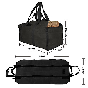 Cupohus Extra Large 2in1 Firewood Carrier Waxed Canvas Bag 44”x23”, Heavy Duty Log Holder Tote Bag with Handles and Shoulder Strap for Indoor Fireplace Wood Stove Accessories, Outdoor Camping (Black)