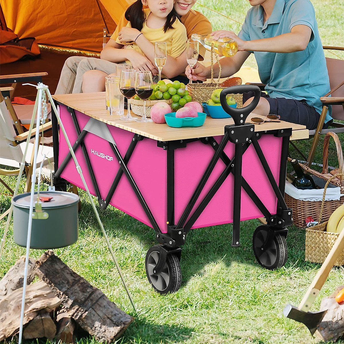 HAUSHOF Heavy Duty Collapsible Wagon, Folding Outdoor Utility Wagon, Camping Garden Beach Cart with Universal Quick Release Wheels, Adjustable Handle, 176 lbs Load Capacity, Pink