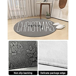 Merry Christmas Fluffy Round Area Rug Carpets 4ft, Plush Shaggy Carpet Soft Circular Rugs, Non-Slip Fuzzy Accent Floor Mat for Living Room Bedroom Nursery Home Decor Grey Xmas Winter Holiday