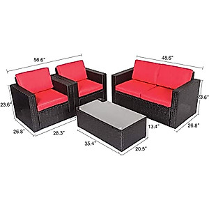 kinbor Outdoor Furniture - 4 Piece Wicker Patio Furniture Set, Outdoor Patio Conversation Furniture Sets, Outdoor Patio Sectional Sofa Couch for Deck Balcony Yard Poolside, Red