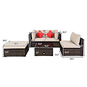 Tangkula 5 PCS Patio Rattan Furniture Set, Outdoor Sectional Rattan Sofa Set with Back & Seat Cushions, Wicker Conversation Set with Tempered Glass Table for Backyard Porch Garden Poolside (Brown)