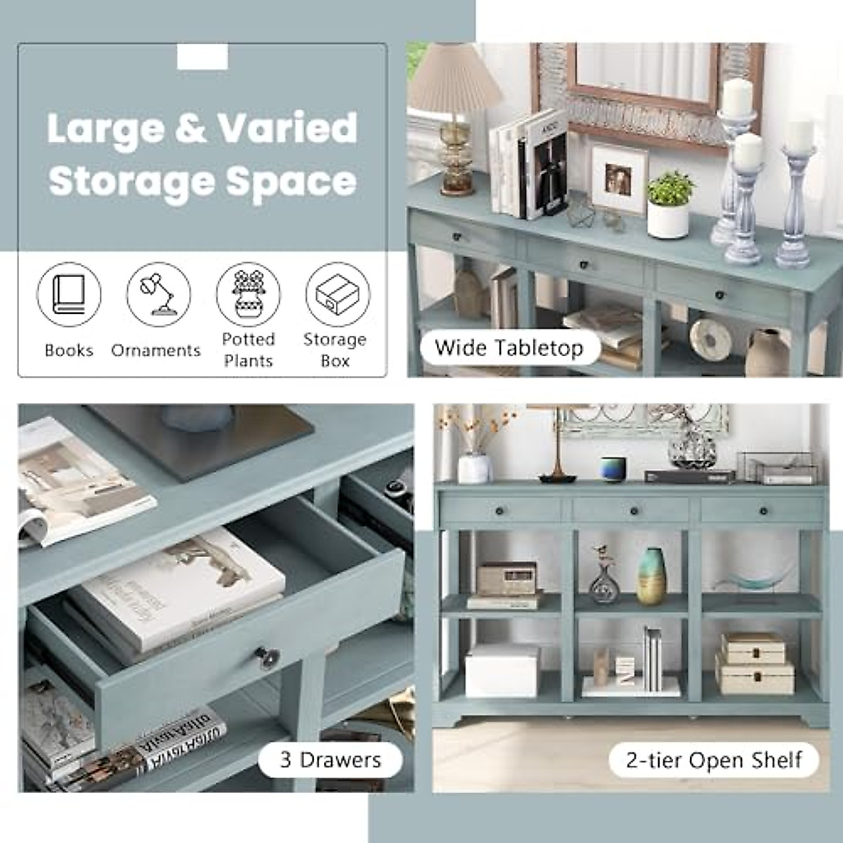 CLEEMAN Console Table with Storage, Retro Sofa Table with 3 Drawers, 2-Tier Open Shelf & Solid Wood Legs, Hallway Table, Entryway Table for Foyer, Living Room, Entrance