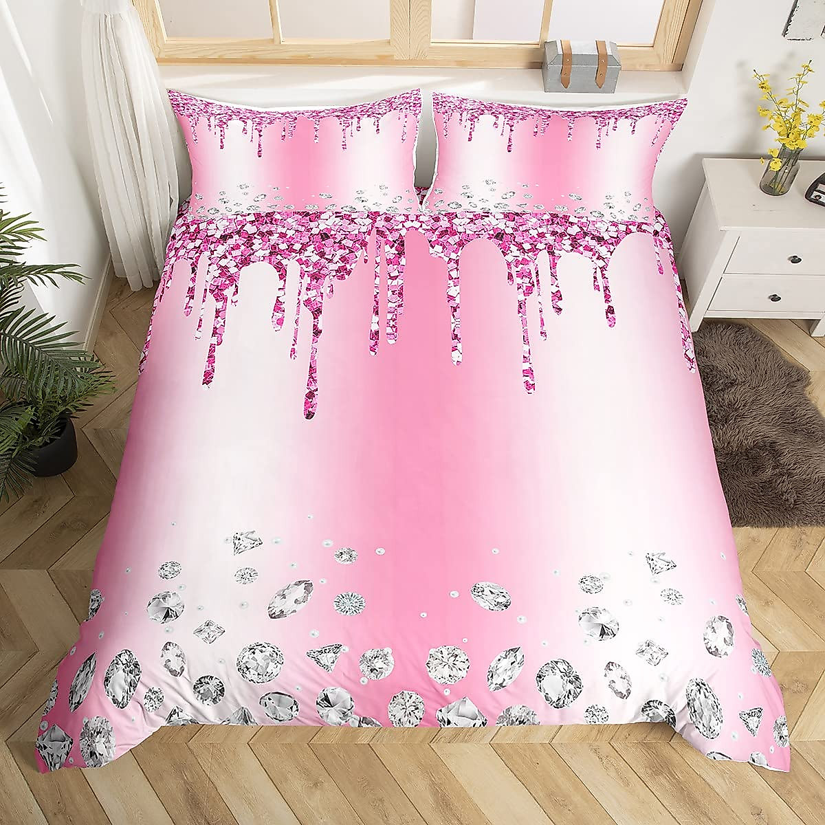 Castle Fairy Girls Geometric Diamond Bedding Set,Pink Glitter Duvet Cover for Teens,Kids Bling Party Comforter Cover Decorative Room,Children Silver Abstract Quilt Cover with 2 Pillowcases,Full Size