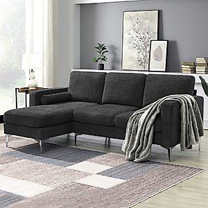 POCIYIHOME 86" Convertible Sectional 2 Pillows, Modern Chenille L-Shaped Couch with Reversible Chaise Lounge, 3-Seater Sofa, Fit for Living Room,Office,Apartment, Polyester, Dark Grey