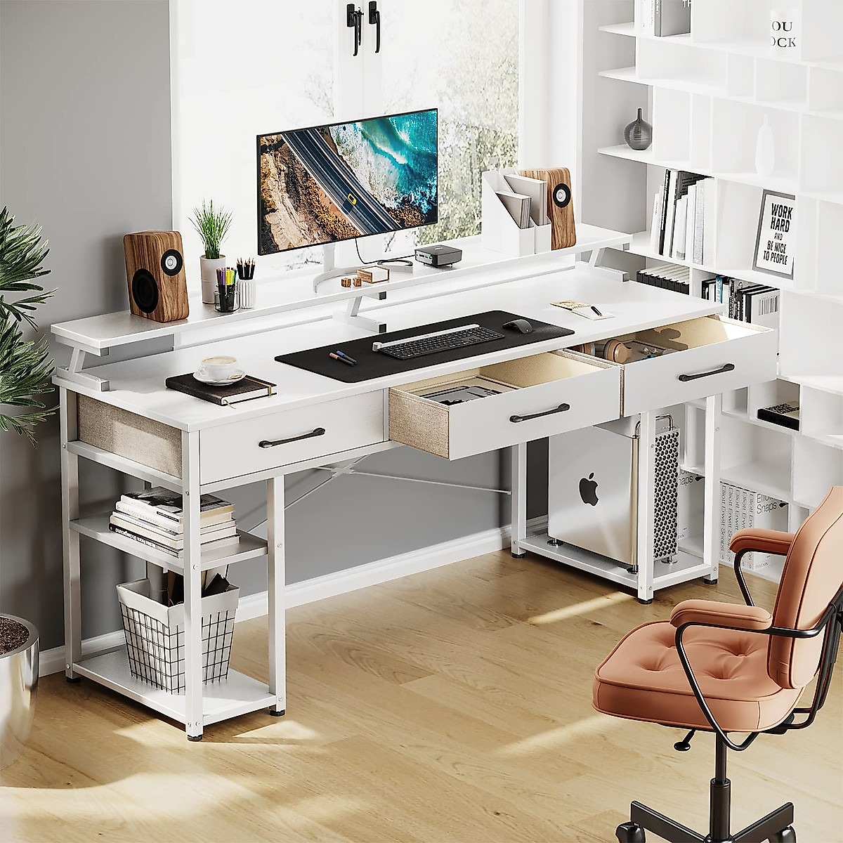 ODK Computer Desk with Drawers and Storage Shelves, 63 inch Home Office Desk with Monitor Stand, Modern Work Study Writing Table Desk for Small Spaces, White + White leg