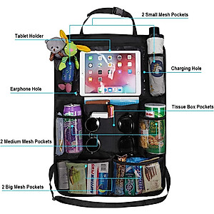 Reserwa Back Seat Car Organiser Step Mat Back Seat Storage Bag with Clear Display Tablet Holder and 9 Storage Pockets, Backrest Protector with USB/Headphone Slots