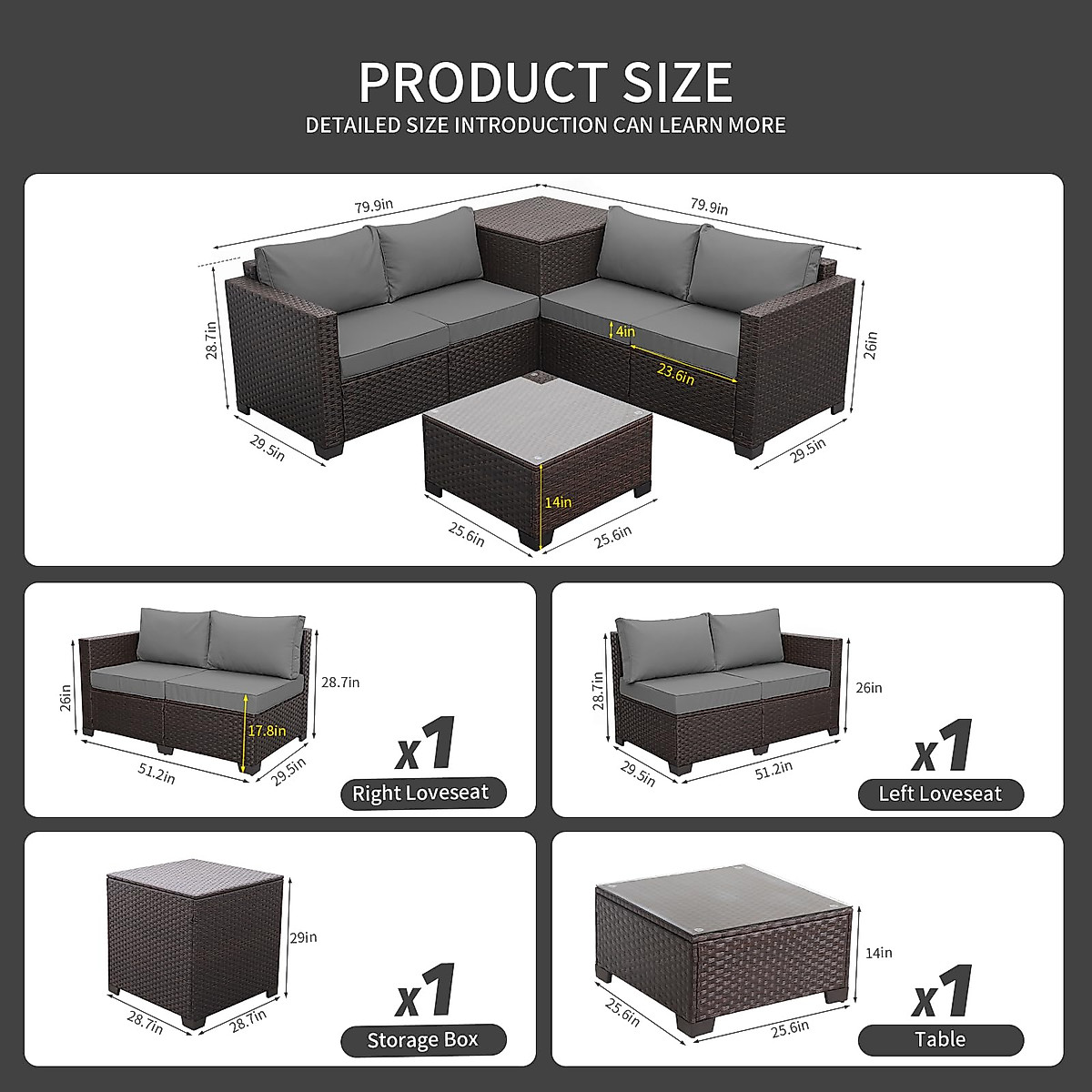 Outdoor PE Wicker Patio Furniture Set 4 Piece Dark Brown Rattan Sectional Loveseat Couch Set Conversation Sofa with Storage Box Glass Top Table and Non-Slip Grey Cushion