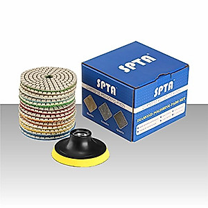 SPTA 15pcs Diamond Wet Polishing Pads Set, 4 inch Pads for Granite Stone Concrete Marble Floor Grinder or Polisher, 50#-6000# with Hook & Loop Backing Holder Pads for Wet Polisher