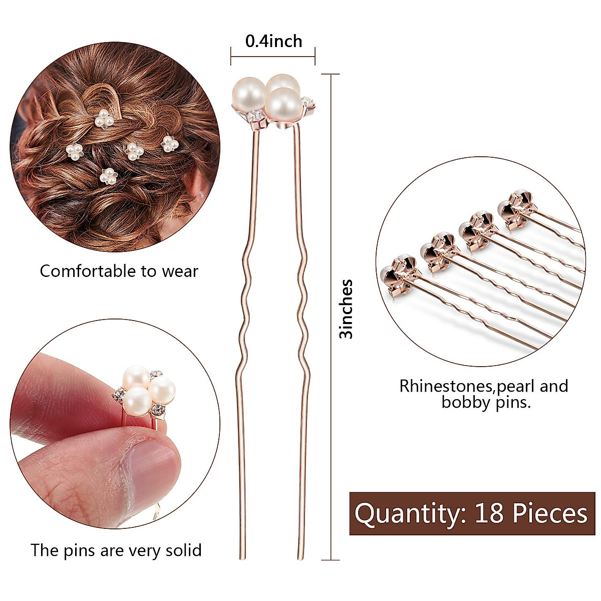 WILLBOND 18 Pcs Pearl Hair Pins Bridal Wedding Hair Accessories Crystal Bobby Pin for Brides Bridesmaids Flower Women Girls(Rose Gold)