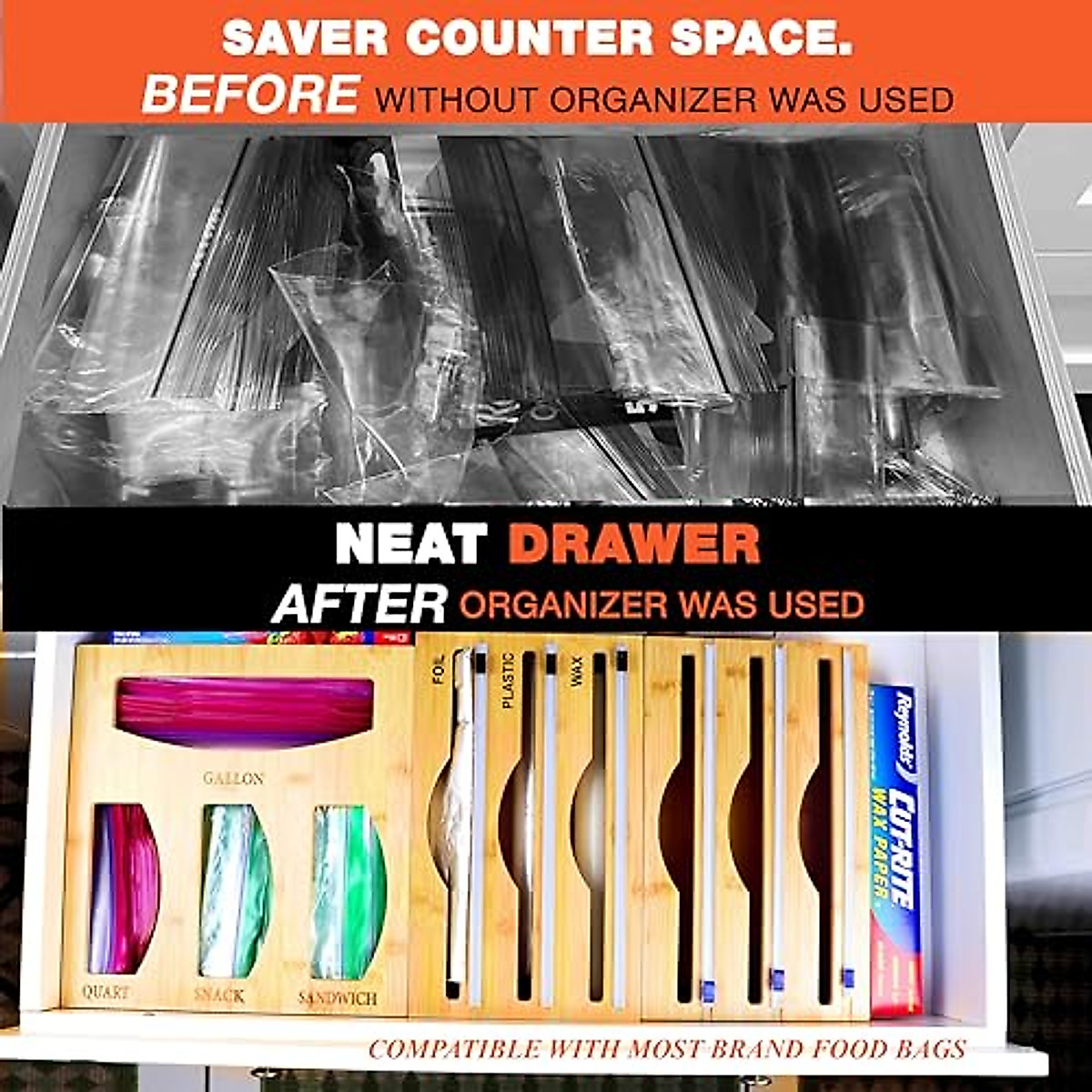 Mr Carib Chef Foil and Plastic Wrap Organizer, bamboo storage bag organizer for kitchen drawer, sandwich snack quart freezer bag organizer, baggie for kitchen plastic bag storage