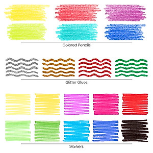 Arteza Kids Christmas Village Kit, 3D Holiday Kit Includes 20 Colorable Cut Out Cardboard Crafts, Glitter Glue, Pom Poms, Markers, Craft Supplies for Family Activities, Winter and Holiday Parties