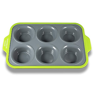 JXWING 6 Cups Non-stick Silicone Cupcake Baking Pan with Ergonomics Grips, Premium Stainless Steel Core Muffin Pan, Green
